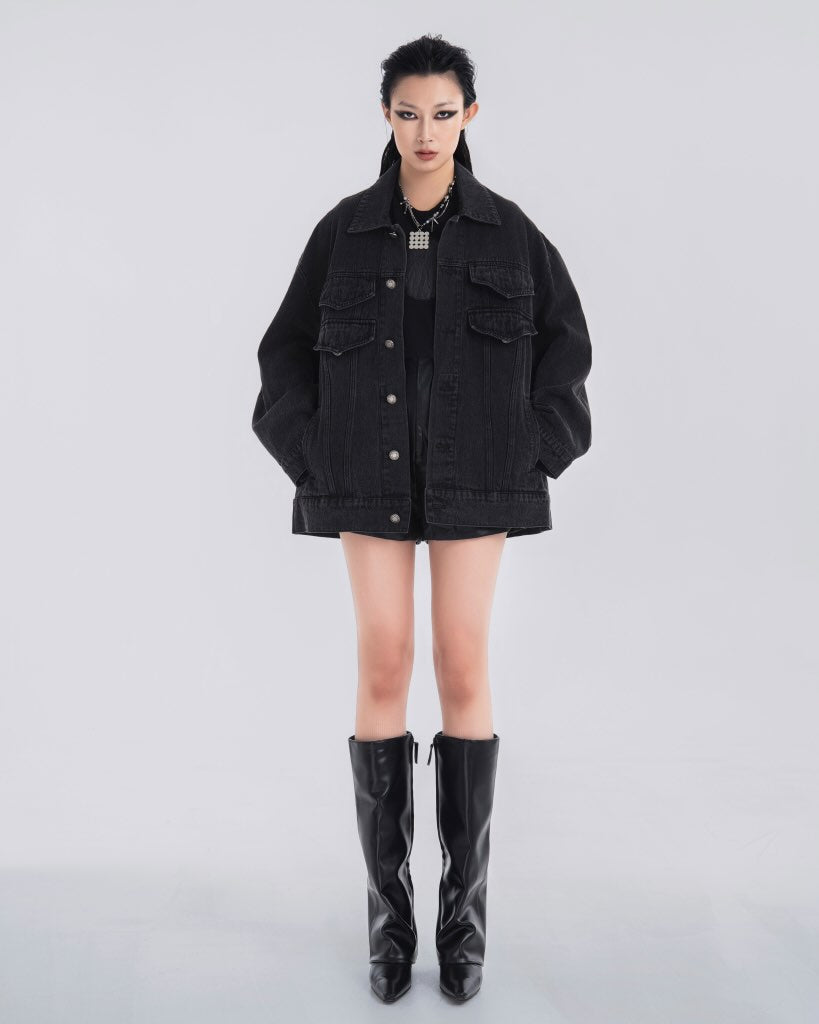 NOIZ N5JK3 Oversized Multiple Pockets Logo Denim Jacket – A-JANE